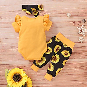 MIEKISA Baby Girls Newborn 3PCS Clothes Outfit Top Flower Printed T Shirt Pants Headband Bodysuit (Yellow, 0-3 Months(Tag 70))