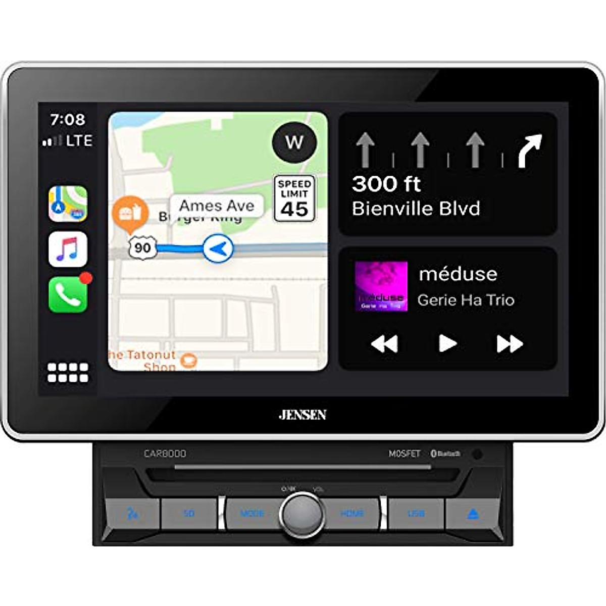 Jensen CAR8000 10.1" Extra Large Touchscreen CD/DVD Multimedia Receiver with Apple CarPlay and Android Auto l MP4 Video Playback l Built-in Bluetooth with A2DP Music Streaming and Phonebook Support