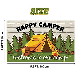 Roetyce Camping Themed Party Decorations Happy Camper Banner Backdrop 5.9 x 3.6 Ft, Outdoor/Indoor Family Camp Gatherings Decor Forest Campfire Photo Background Camping Birthday Party Supplies