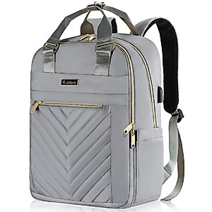 Travel Backpack for Women, 17.3 Inch Quilted School Laptop Bag, Large Back Pack Purse with USB Port, Work Business Teacher Computer Bag College Bookbags Casual Daypacks, Gray