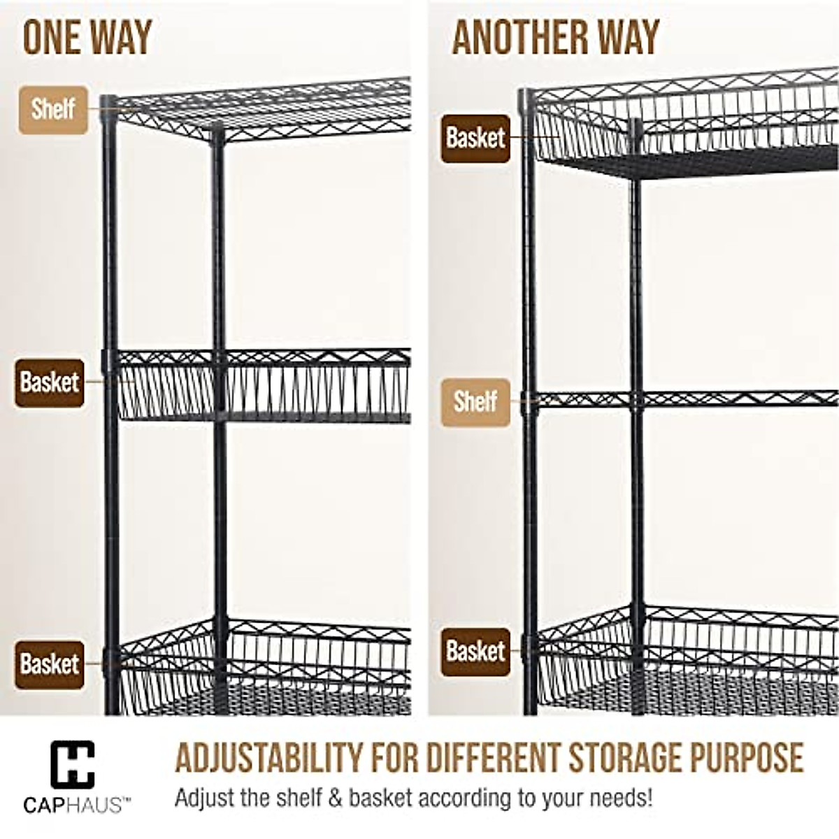 Fencer Wire NSF 5 Tier Wire Shelving Unit w/Baskets & Liner, Storage Rack Kitchen, Bathroom, Laundry Closet, Wire Shelving Basket Shelves, Storage Rack Corner Shelves, Black