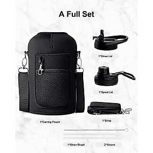 Trebo 64oz Water Bottle Insulated with Straw & 2 Lids,Half Gallon Double Wall Vacuum Stainless Steel Metal Large Jug with Handle,Wide Mouth Flask Mug with Carry Pouch,Keep Cold Hot,Black