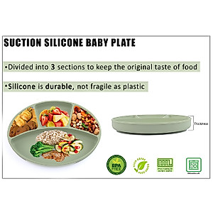 Silicone Feeding Utensils Set 8Pcs For Baby- Led Weaning Essentials-Divided Suction Plate-Lid-Bowl-Fork-Spoon-Adjustable Bib-2in1 Drinking + Snack Cup, Gift for Infant and Toddler (Oliver Green)