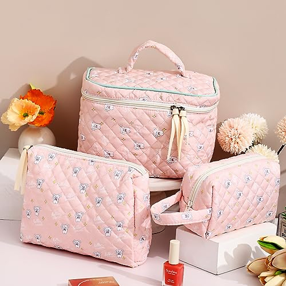 Paterr 3 Pieces Cotton Quilted Makeup Bag Set Coquette Cosmetic Bag Aesthetic Travel Toiletry pouch Cute Pouch Kawaii Aesthetic for Women(Pink,Pink Rabbit)