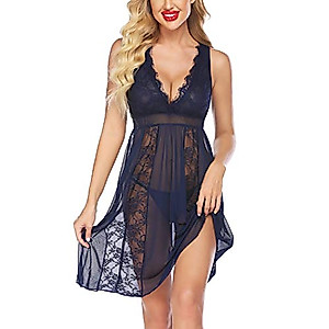 Avidlove Sexy Lingerie for Women Sheer Lace Chemise Nightgowns Bridal Nighty Blue Gray,M