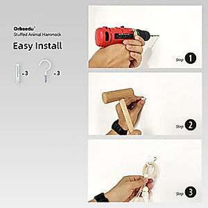 Orkeedu Stuffed Animal Net or Hammock with LED Lights, Large Toy Storage Hooks, Macrame, Cotton Beige