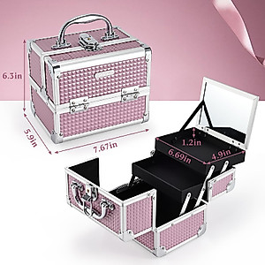 Joligrace Makeup Train Case Portable Cosmetic Box Jewelry Organizer Lockable with Keys and Mirror 2-Tier Trays for Makeup Artists Craft Nail Kits Sewing Box Traveling Makeup Storage Case Pink