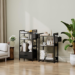 XIV Bookshelf, 3 Tier Industrial Bookshelf, Metal Small Bookcase, Book Shelf Storage Organizer with Side Storage for Living Room, Bedroom, and Home Office (Black, 3 Tier)