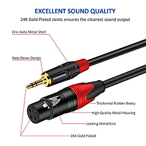 DREMAKE Female XLR to Jack 3.5mm Stereo Audio Cable, 6FT 3.5mm to XLR Unbalanced Cable, XLR to 1/8'' 3.5mm Extension Microphone Cable, Male 3.5mm to Stereo XLR 3-Pin Female Patch Cord for PCs, Phones