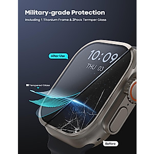 Lamicall [Titanium Alloy Frame Screen Protector for Apple Watch Ultra 49mm, 2 Pack 9H Tempered Glass Film with Easy Alignment Tool Kit, Full Coverage Protective Waterproof Case for iwatch Ultra 2022