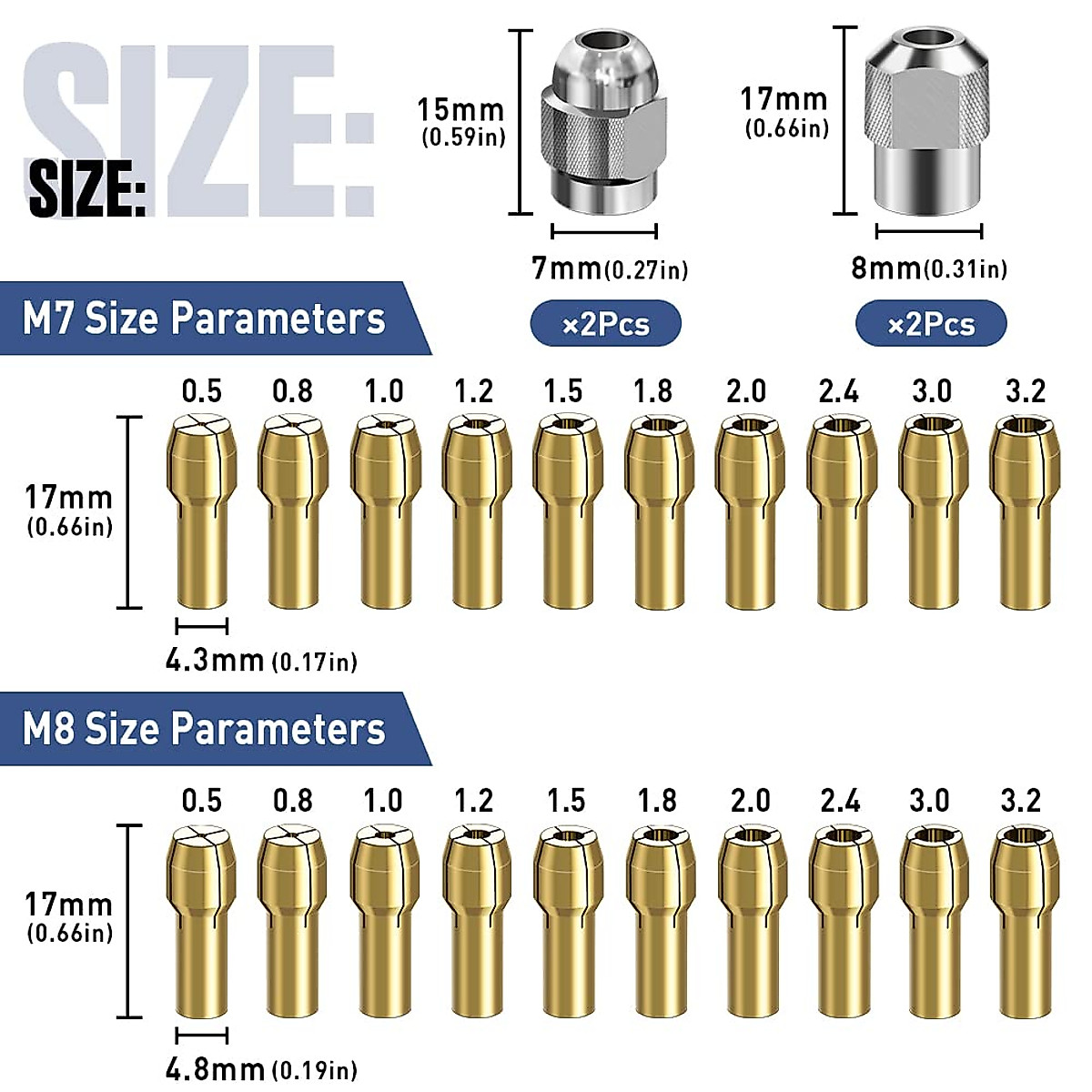 Drill Chuck Collet Set, 28 Pcs Chuck Collet Kit（1/32" - 1/8" ）Replacement 4486 Drill Keyless Bit Chuck Shank Rotary Tool Quick Change Adapter with Replacement 4485 Brass Collet Metal Set