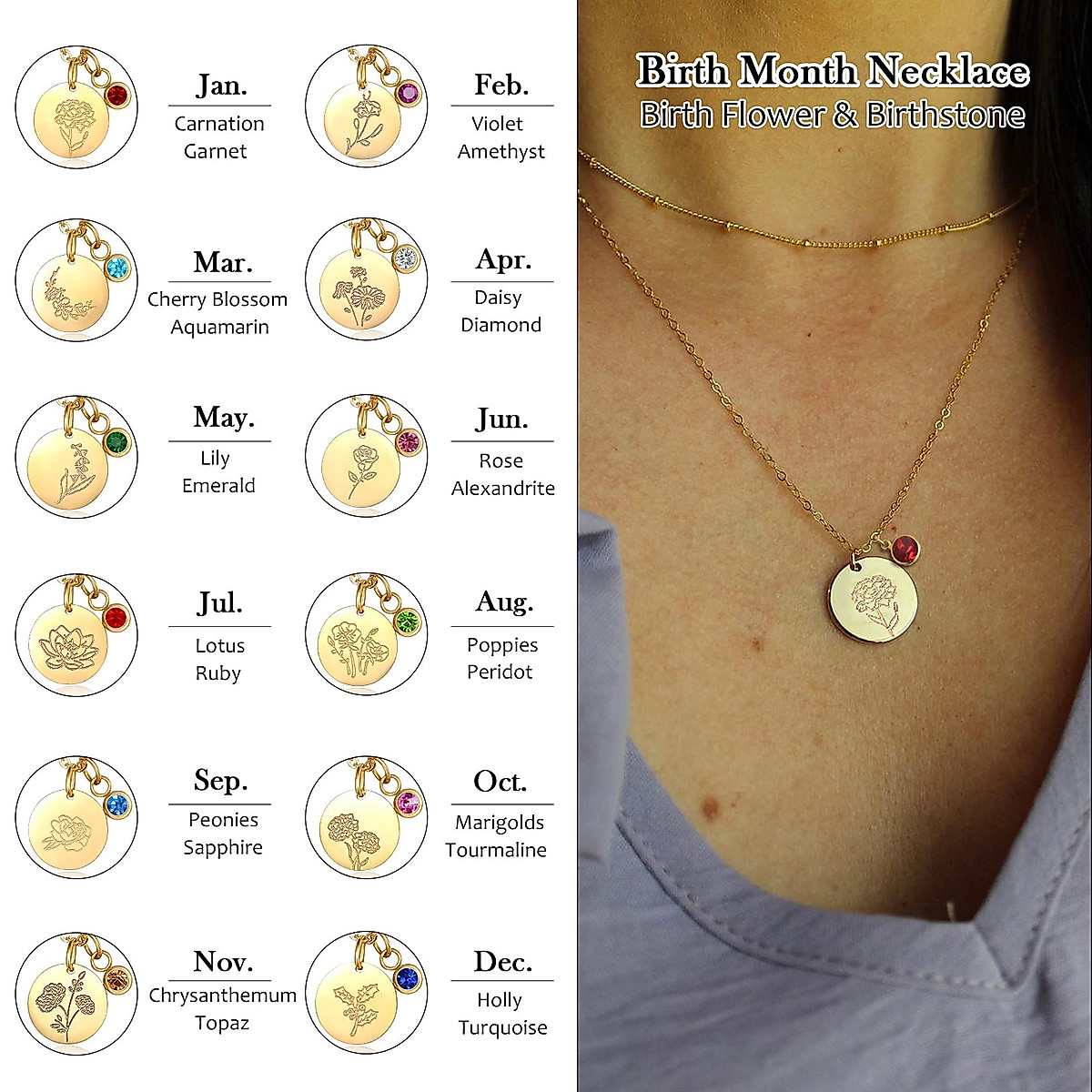 CERSLIMO Birthday Gifts for Her Birth Flower Necklaces, 18K Gold Plated Dainty March Birth Month Floral Birthstone Coin Pendant Necklaces Cherry Blossom Wildflower Jewelry Gifts for Women
