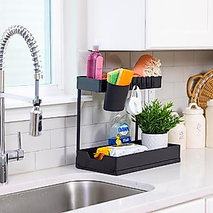 2 Sets of 2 -Tier Multi-Purpose Under Sink Organizer and Storage, Adjustable Height Pull Out Under Sink Kitchen Bathroom Cabinet with 8 Hooks and 2 Hanging Cup, Kitchen Sink Splash Guard