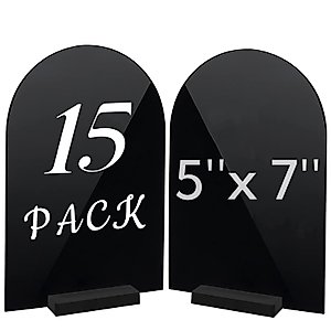 QSONG SHOP 15PCS Acrylic Table Signs with Stands- 5""x7"" Black Arched Acrylic Wedding Numbers and Base,1/8"" Thick Modern Arch Acrylic TableTop Sign for Wedding Reception Event Party (Full Black)