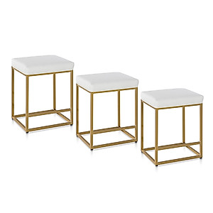 ALPHA HOME 24 Inch Counter Height Bar Stools Set of 3, Upholstered Bar Stools for Kitchen Island, Counter Stools with Faux Leather Cushion and Sturdy Metal Frame, Modern Barstools, White and Gold