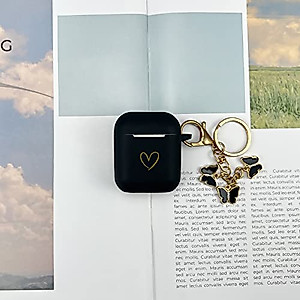 AIIEKZ Compatible with AirPods Case Cover, Soft Silicone Case with Gold Heart Pattern for AirPods 2&1 Generation Case with Cute Butterfly Keychain for Girls Women (Black)