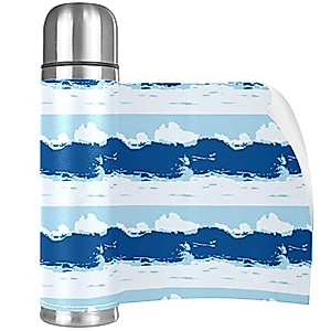 Stainless Steel Leather Vacuum Insulated Mug Blue Wave Thermos Water Bottle for Hot and Cold Drinks Kids Adults 16 Oz