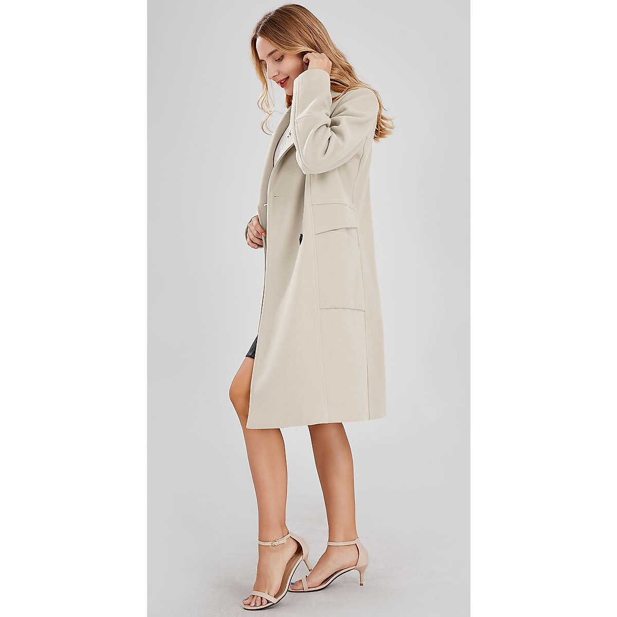 chouyatou Women's Basic Essential Double Breasted Mid-Long Wool Blend Pea Coat (Small, Off White)