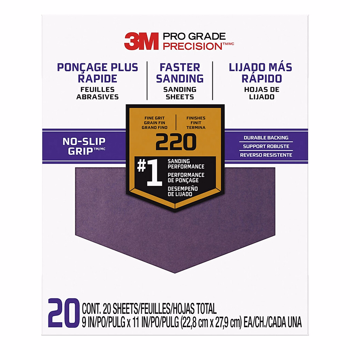 3M Advanced Sandpaper, 20 Sheets, 220 Grit, 3M Pro Grade Precision, Features No-Slip Grip Backing, 9-in x 11-in, For Sanding Wood, Drywall, or Metal, Can be Used on Wet or Dry Surfaces (26220CP-P-G)