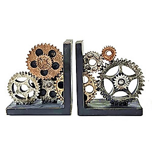 Bellaa 20881 Decorative Bookends Gear Book Shelves Stoppers Holder Nonskid Shelf Heavy Ends Supports Vintage Industrial Modern Art Home Decor Statues Sculptures 6 inch