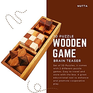 NUTTA - 3 in 1 Set Wooden Games Brain Teaser Wood Toy Desk Puzzle Coffee Table Decor Broad Game 3D Puzzles for Teens and Adults Fun Games Indoor Outdoor Camping Decorate Party Gift Christmas