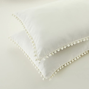 AiMay 2 Piece Duvet Cover Set Twin Size(1 Duvet Cover + 1 Pillow Shams) Bedding Sets Super Soft 100% Double Brushed Microfiber Boho Ball Fringe Breathable Skin-Friendly (White, Twin)