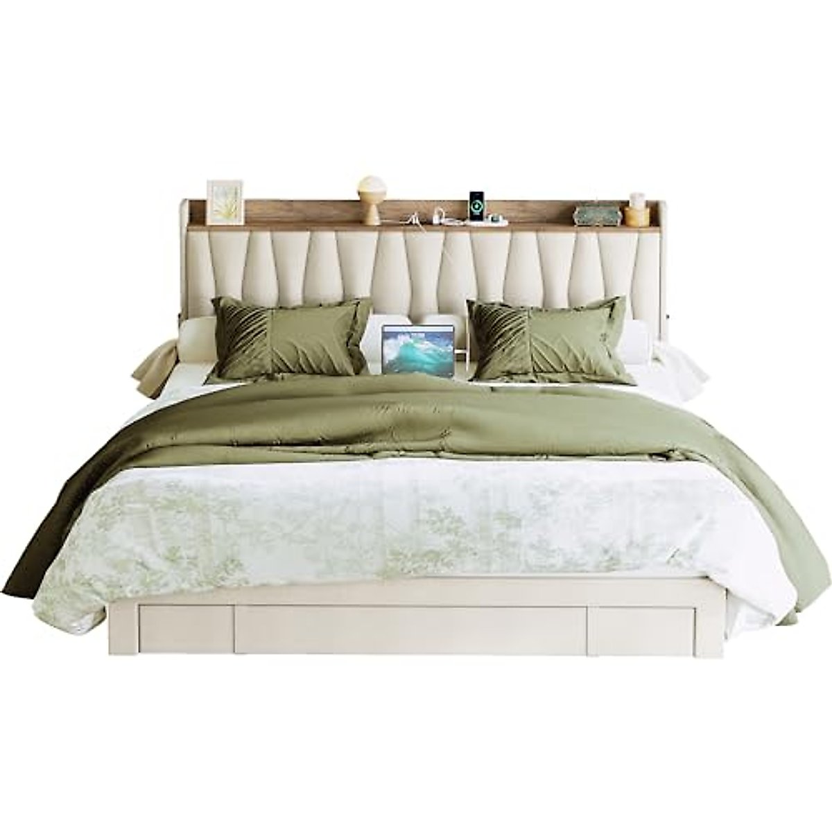 ANCTOR King Size Bed Frame with Storage Headboard and Charging Station, Upholstered Platform Bed with 3 Drawers, No Box Spring Needed, Easy Assembly, Beige