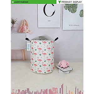 LANGYASHAN Laundry Basket Canvas Fabric Collapsible Organizer Basket for Storage Bin Toy Bins Gift Baskets Bedroom Clothes Children Nursery Hamper (Round Flamingo)