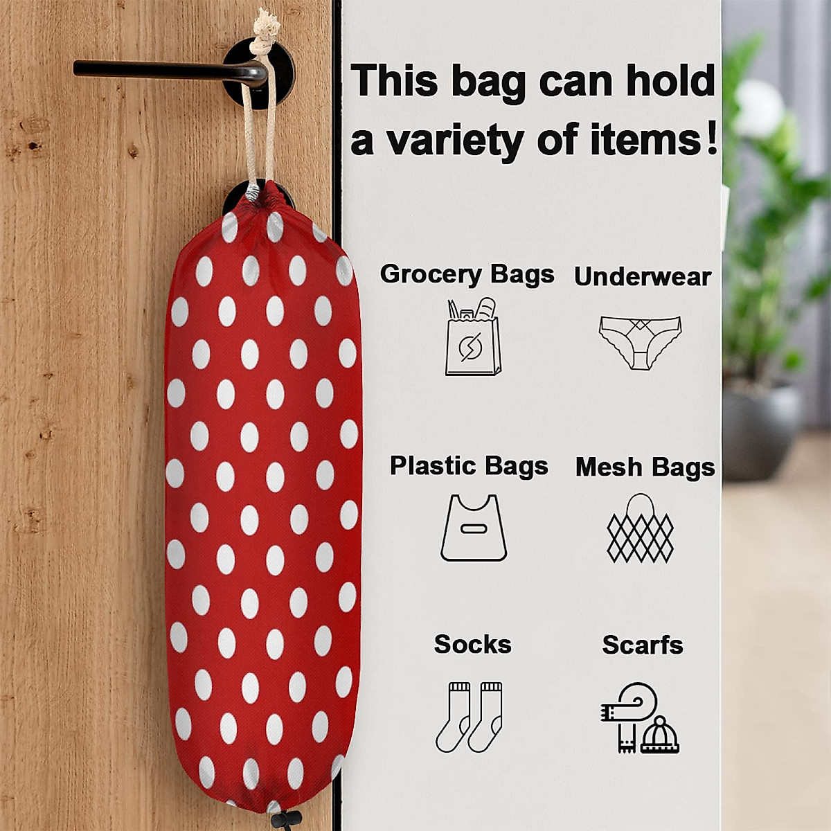 Polka Dot Red Plastic Bag Holder, Polka Dot Pattern Wall Mount Plastic Bag Organizer with Drawstring Grocery Shopping Bags Storage Dispenser for Home Kitchen Farmhouse Decor, 22X9 Inch