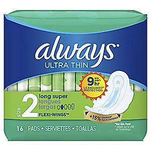 Always Ultra Thin Long/Super With Wings Unscented Pads, White, 16 Count