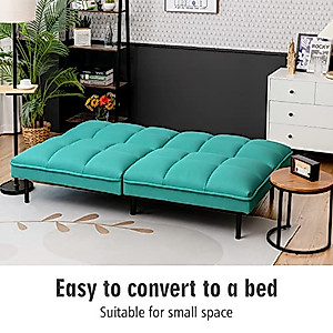 Giantex Sofa Bed, Convertible Sleeper Couch, Linen Fabric Futon, Recliner with 3 Level Adjustable Backrest, Metal Legs, 71”x35.5”x31”, Living Room Bedroom Reception Room (Turquoise)