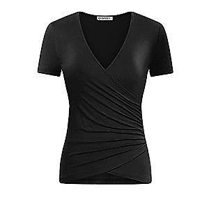 GUBERRY Black Shirts for Women Deep V Neck Short Sleeve Sexy Wrap Top T Shirt