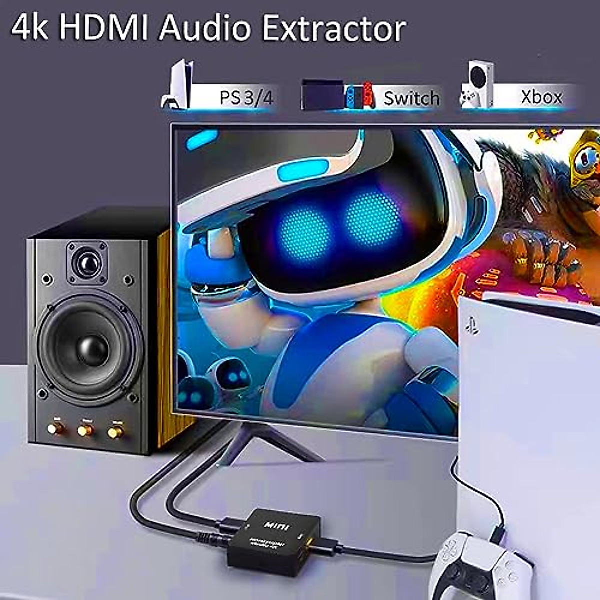 HDMI Audio Extractor, 4K HDMI to HDMI Splitter 3.5mm AUX Audio 1080P, Compatable for TV, PC, PS3/4/5, Blu-ray/DVD/HD Player, Projector, Sound System, Xbox, Switch