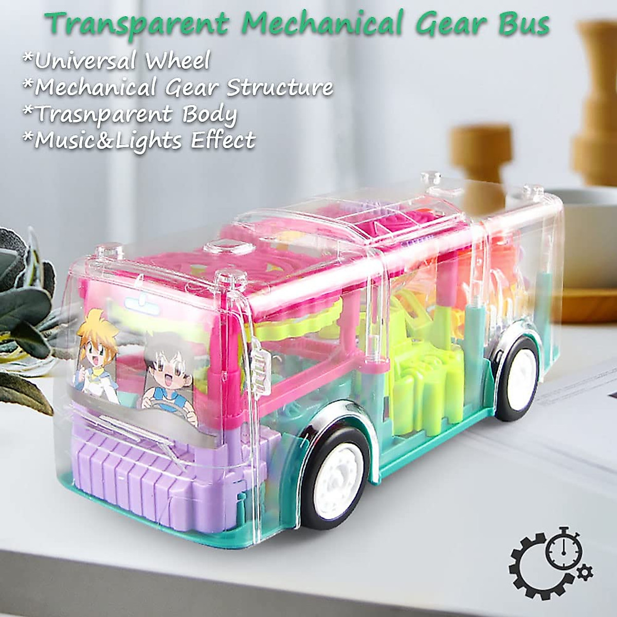 Miracland Transparent Mechanical Gear Bus, Transparent Gear Car Toy Concept Racer Toy Electronic Vehicle Toy Universal Wheel Car Toy STEM Car Toy with Lights and Music (Bus)