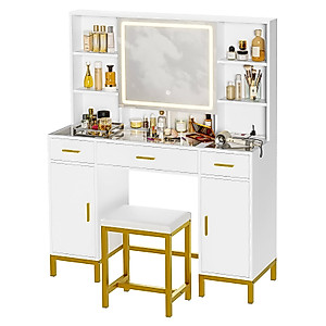 Vanity Desk with Openable Mirror and Lights, Glass Tabletop Makeup Vanity Set with Charging Station, White Vanity Table with 3 Drawers & 2 Cabinets, DIY Drawer Dividers, Hidden Hooks