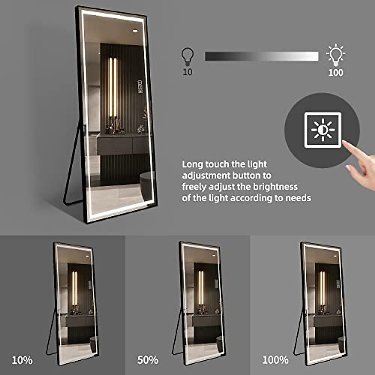 LAIYA 65”x 21” Full Length Wall Mirror with 3 Colors LED Light, Stand Up Body Mirror and Wall Full Body Mirror, Tall Full Size Mirror for Bedroom Cloakroom Gyms, Giant Floor Dressing Mirror