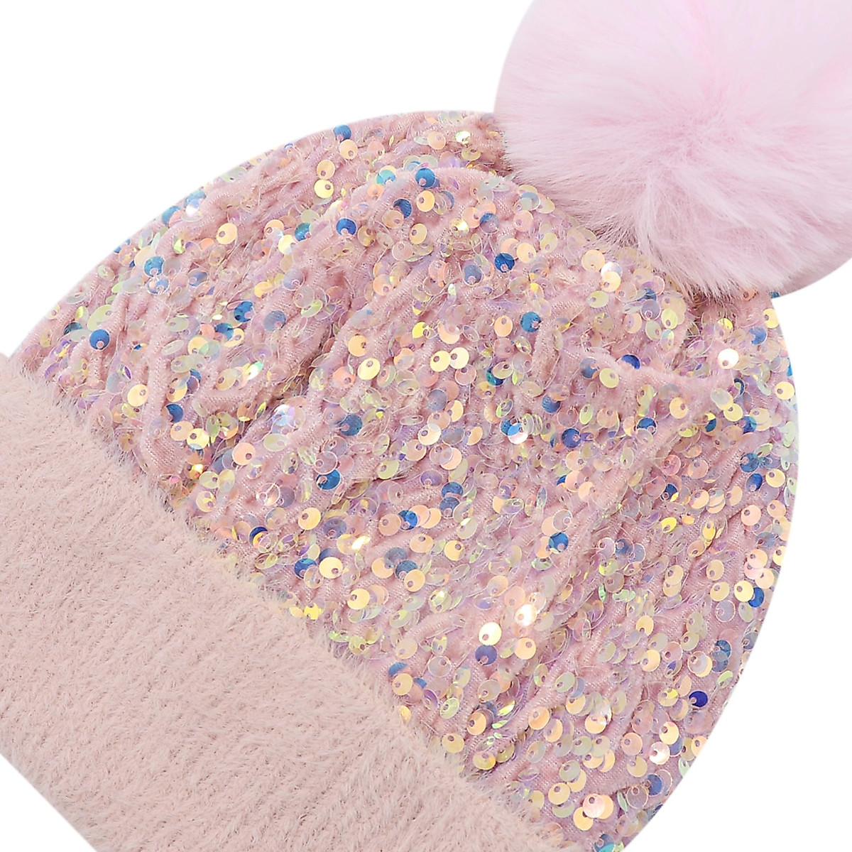 Caviotess Women Sparkly Sequins Knitted Beanie Hat Warm Winter Skull Cap with Faux Fur Pom Pom Light Pink