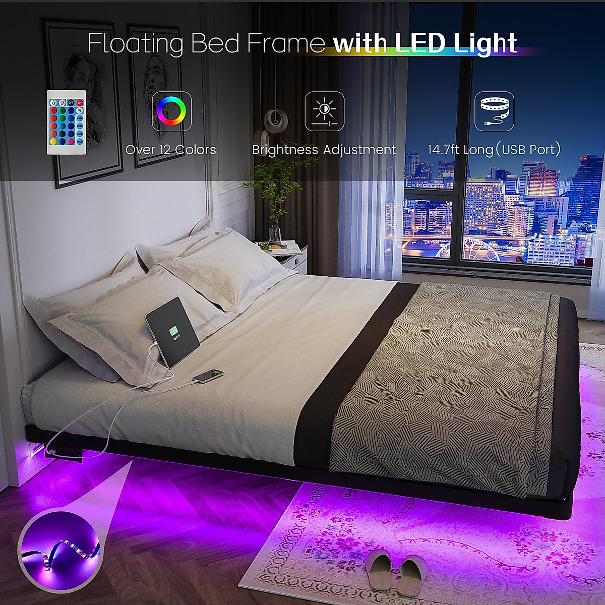 OLEVS Floating Bed Frame King Size with LED Lights and Charging Station - Metal Platform Bed Frame, No Box Spring Needed, Easy Assembly