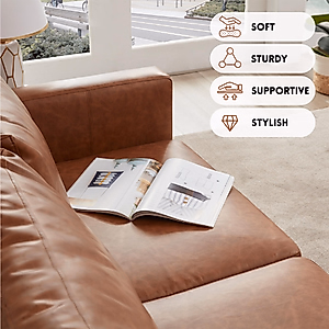 Kingfun 65" Loveseat Sofa, Faux Leather Love Seat Couch, Mid Century Modern Couch with Solid Wooden Frame for Living Room & Bedroom in Small Spaces, Brown