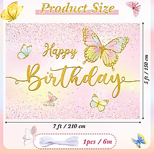 Dandat 7 x 5 ft Butterfly Happy Birthday Backdrop Pink Theme Gold Butterfly Birthday Party Decorations Polyester Spring Banner Baby Girls Princess Photography Background for Bday Photo Shoot Prop
