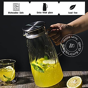 Vzaahu Glass Pitcher with Lid and Handle - Iced Water Carafe - [57 ounces,1.7 L] Lead-free Borosilicate Glass Beverage Jug - Sun Tea Pot Lemonade Milk Dispenser for Fridge Teapot Coffee Juice