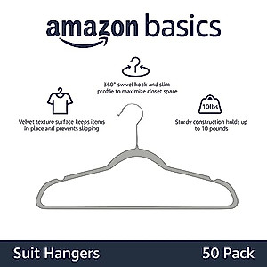 Amazon Basics Slim, Velvet, Non-Slip Suit Clothes Hangers, Gray/Silver - Pack of 50