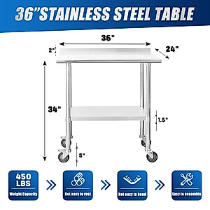 Chingoo Stainless Steel Table with Wheels 24 x 36 Inches Metal Prep Table with Backsplash & Adjustable Undershelf, Stainless Table for Commercial Kitchen, Outdoor, Restaurant, Hotel & Garage