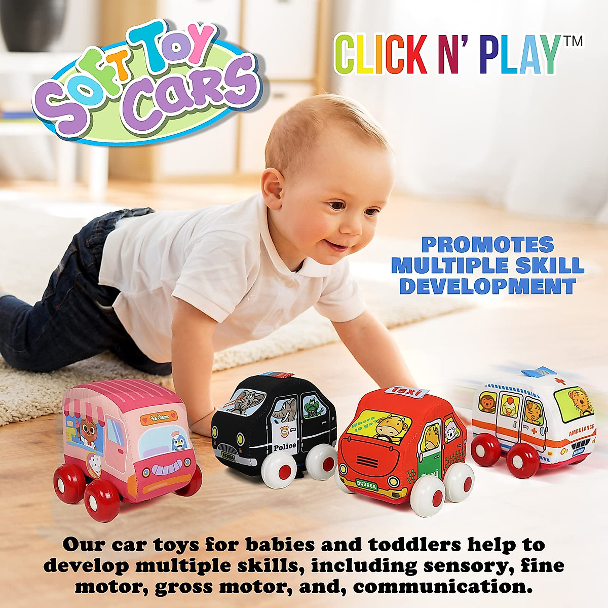 Click N' Play Plush Cars - Set of 4 Soft Cars - Durable Stuffed Ambulance, Taxi, Police Car, Ice Cream Truck Toys - Sensory Baby Car Toy Set - Sensory Push Cars for Toddlers, Kids