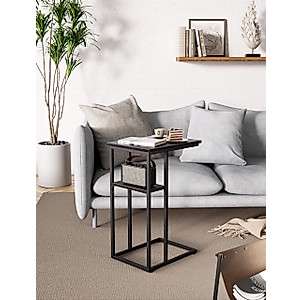 Innerjoin C Shaped End Table, Side Table with Metal Frame, TV Tray Table for Couch, 2 Shelves Sofa Table for Living Room Bedroom, Bedside, Rustic Vintage Style, Black