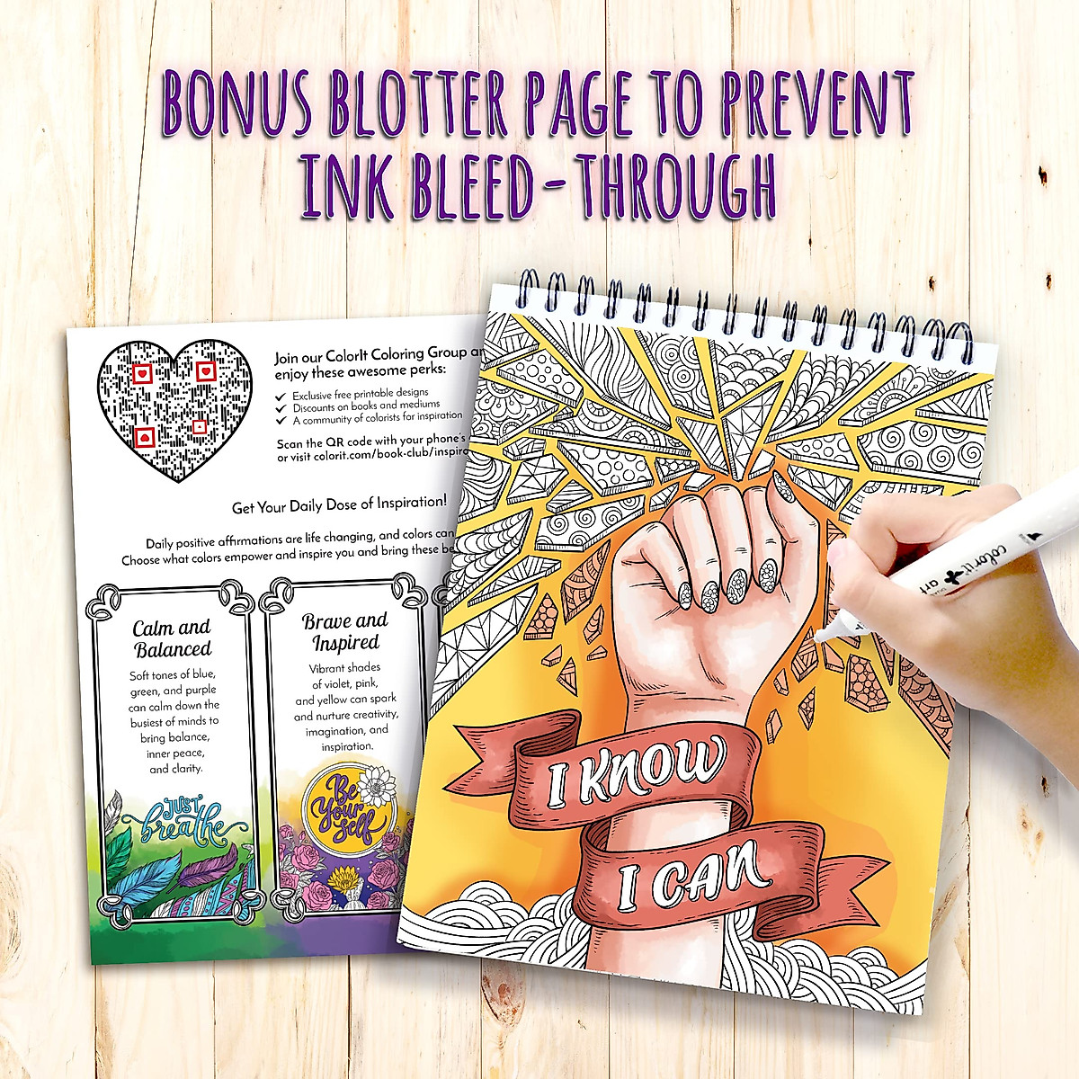 ColorIt Colors of Inspiration Volume 2 Inspirational Quotes and Positive Affirmations Adult Coloring Book, 50 Original Designs, Spiral Binding, USA Printed, Lay Flat Hardback Book Cover, Ink Blotter