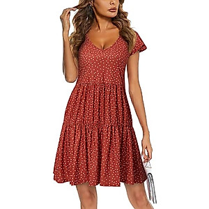 ULTRANICE Summer Sun Dresses for Women 2023 Casual Trendy V Neck Polka Dot Ruffle Mini Dress(Red,S)