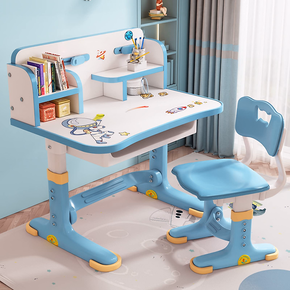 HEVIRGO Children Learning Desk and Chair Set Learning Desk Height Adjustable with Drawer Wide Desktop Cartoon Pattern Table and Chair Set Suitable for Reading, Learning, Writing, Painting, Etc Blue