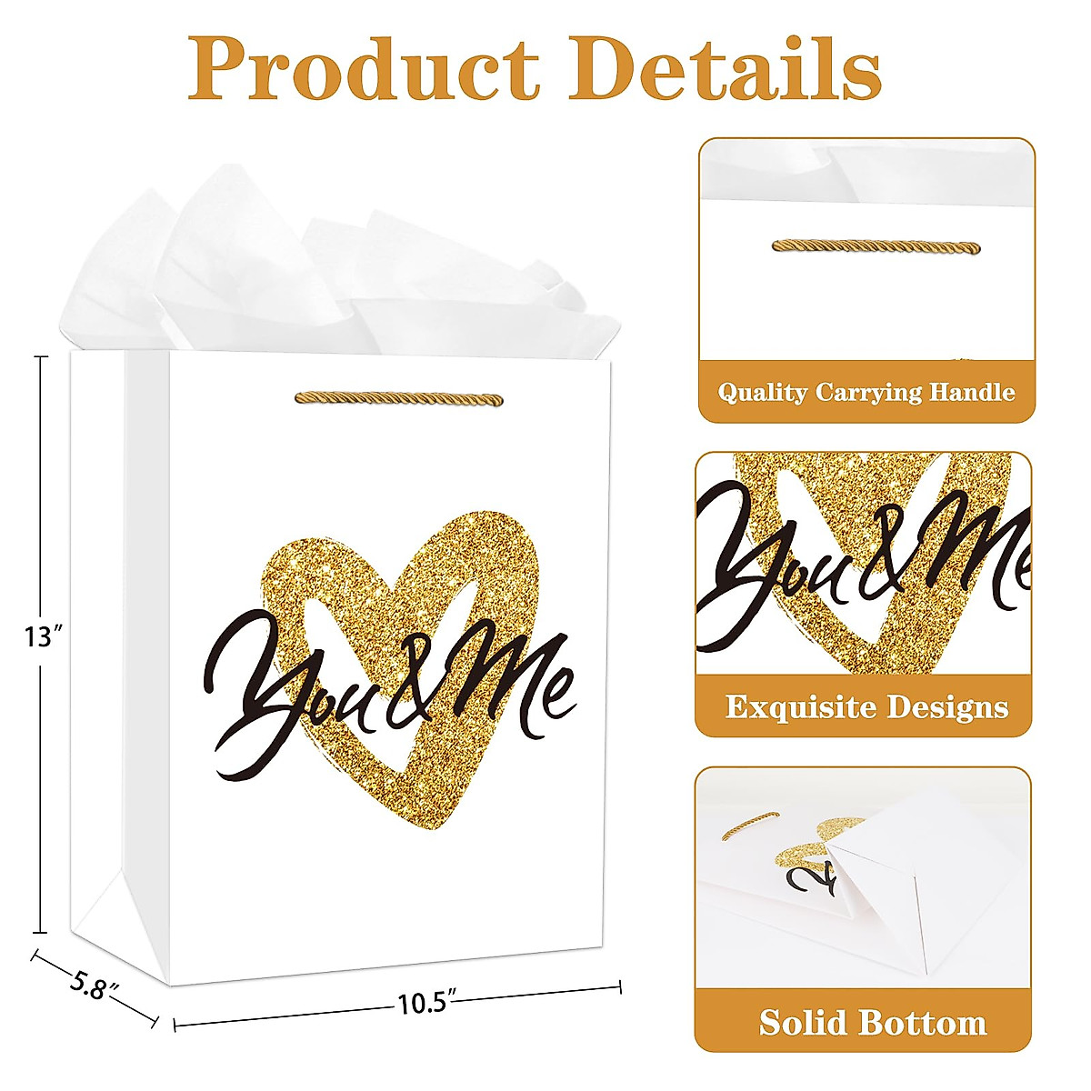 D4DREAM 13"Large Anniversary Paper Gift Bag with Handle for Him Her You and Me Valentines Day Gifts Bag with Tissue Paper for Husband Wife Boyfriend Girlfriend Newlyweds Couple Birthday Party Supplies