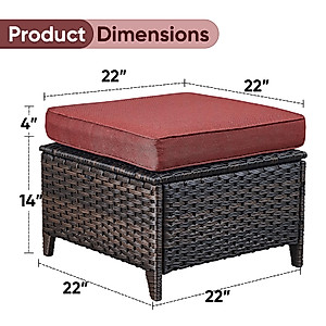 Outdoor Ottoman Set of 2 - PE Wicker Rattan Ottoman Patio Footstool for Deck Porch Balcony Garden - Brown/Red